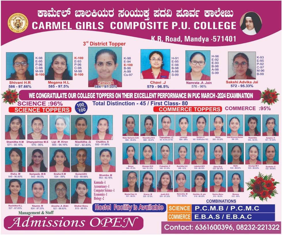 CARMEL GIRLS’ COMPOSITE PU COLLEGE, MANDYA – Education Karnataka